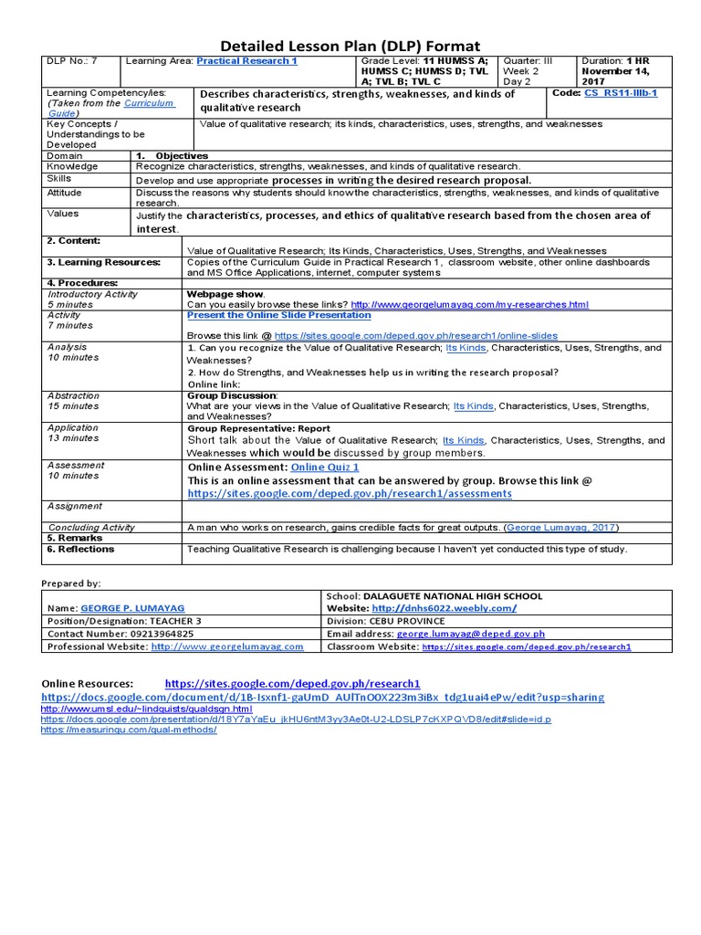 Detailed Lesson Plan (DLP) Format: (Taken From The) | PDF | Qualitative Research | Curriculum