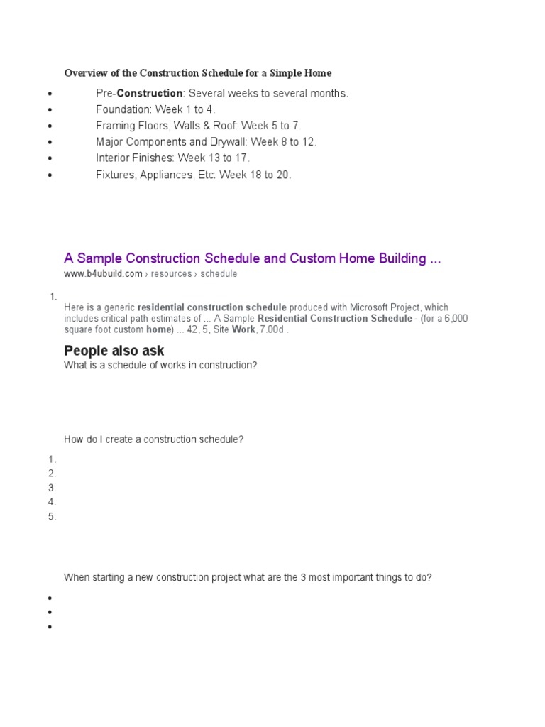 A Sample Construction Schedule and Custom Home Building ... : People ...