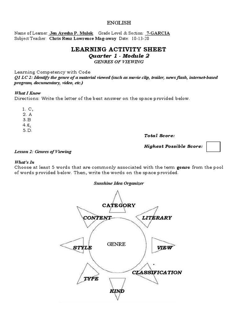 GRADE 7 ENGLISH ACTIVITY SHEETQuarter 1 Module2 | Download Free PDF ...