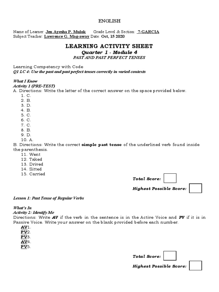 GRADE 7 ENGLISH ACTIVITY SHEETQuarter 1 Module 4 | PDF | Grammatical ...