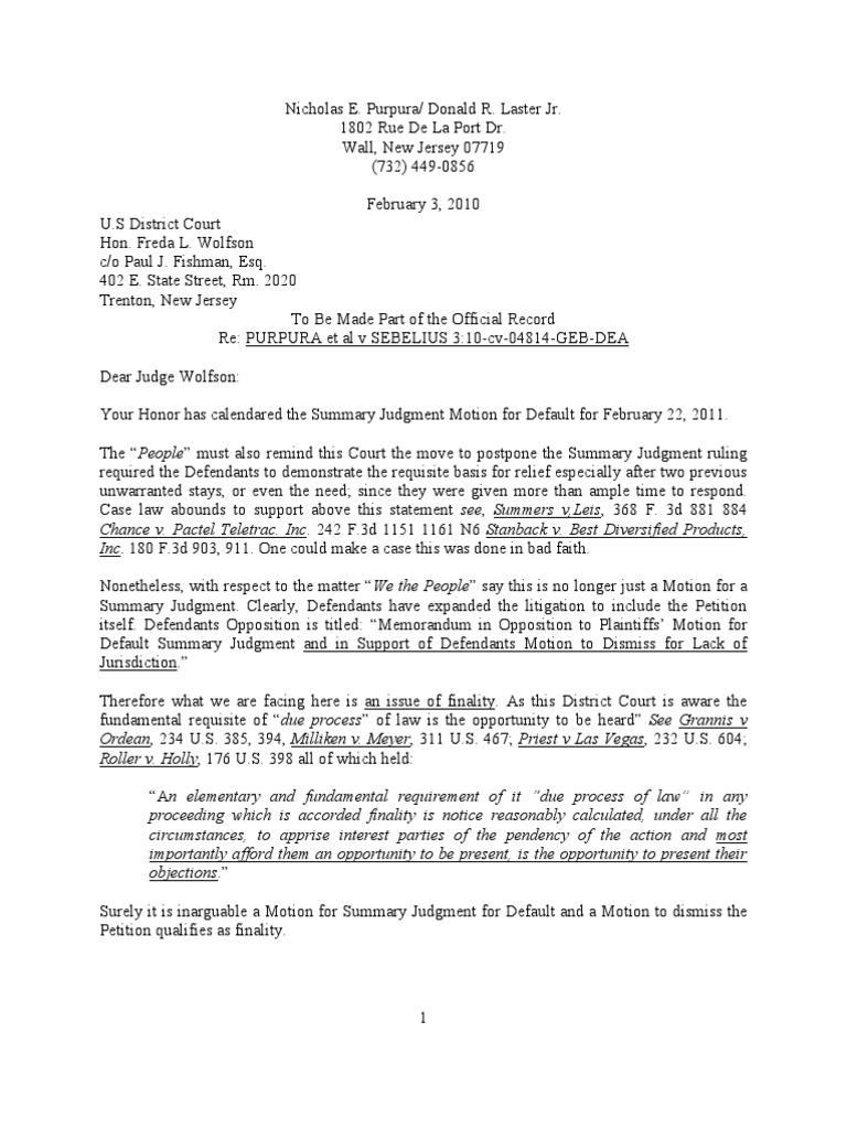 Letter Judge Wolfson | PDF | Summary Judgment | Judgment (Law)