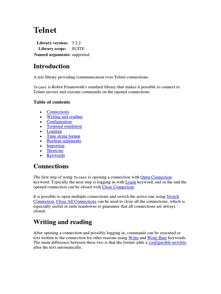 Telnet: Library Version: 3.2.2 Library Scope: Named Arguments: Supported | PDF | Regular ...