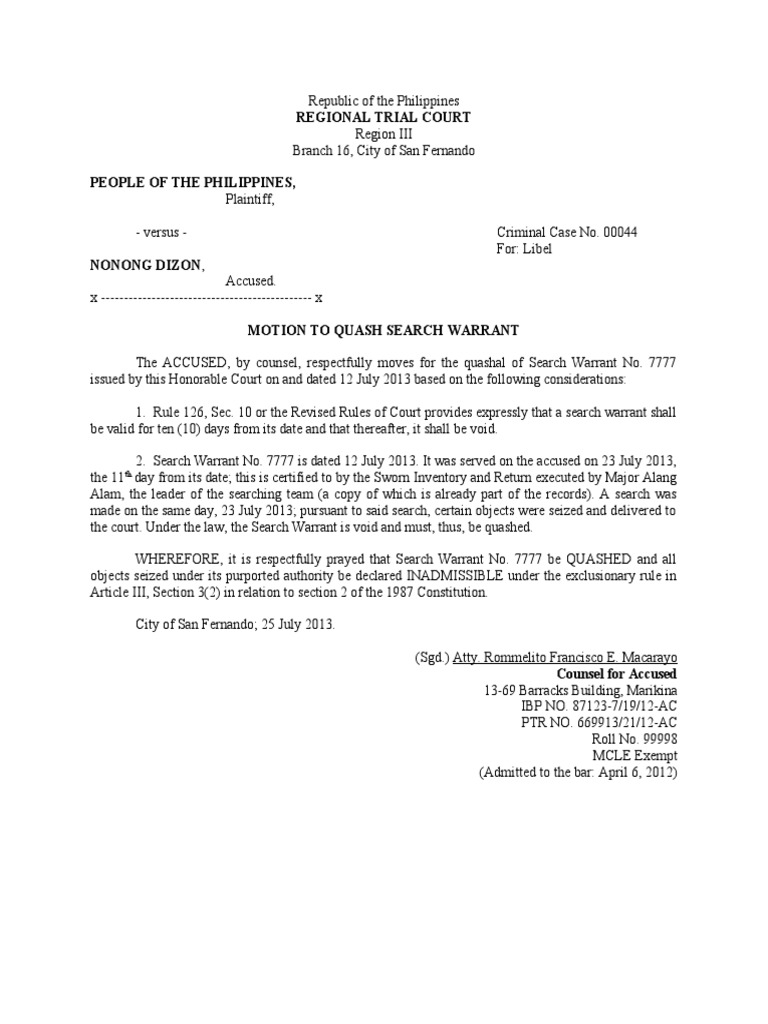 Motion To Quash Search Warrant | PDF | Search Warrant | Constitutional Law