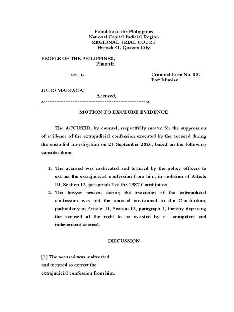 Motion To Exclude Evidence | PDF | Confession (Law) | Torture