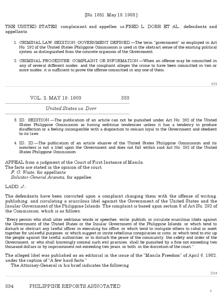 US Vs Dorr, 2 Phil 332 (1903) | PDF | Applied Ethics | Public Sphere