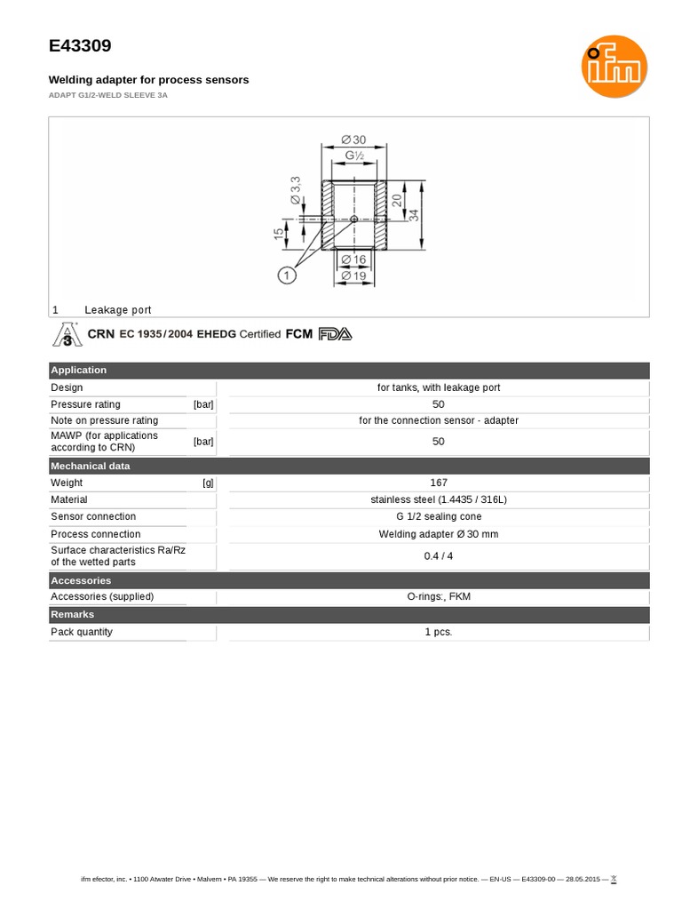 Welding Adapter For Process Sensors: 1 Leakage Port | PDF