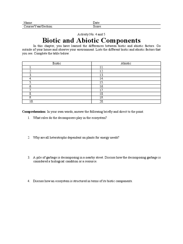 Biotic and Abiotic Components: Comprehension: in Your Own Words, Answer ...