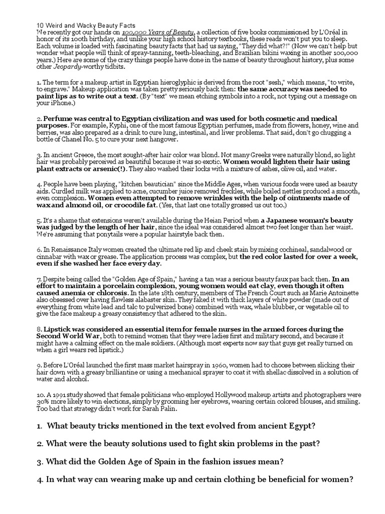 10 Weird Facts About Beauty Practice + Questions | PDF | Cosmetics | Beauty