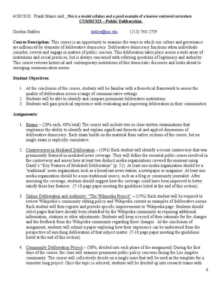 COMM 323 - Public Deliberation: This Is A Model Syllabus and A Good ...