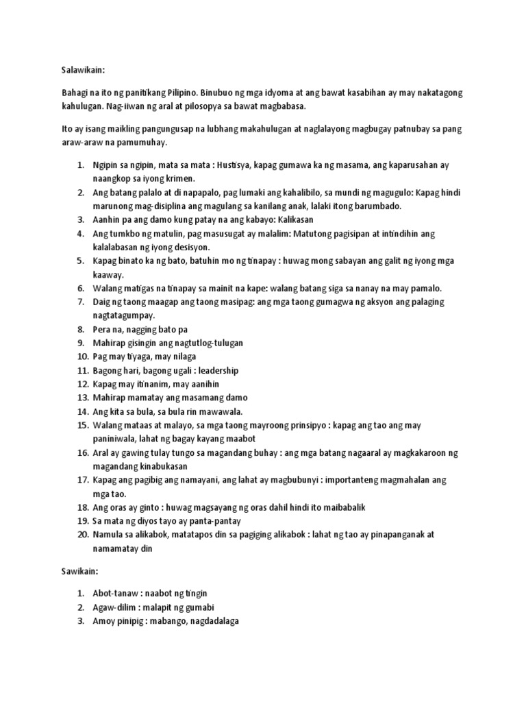 Salawikain, Sawikain, Bugtong | PDF