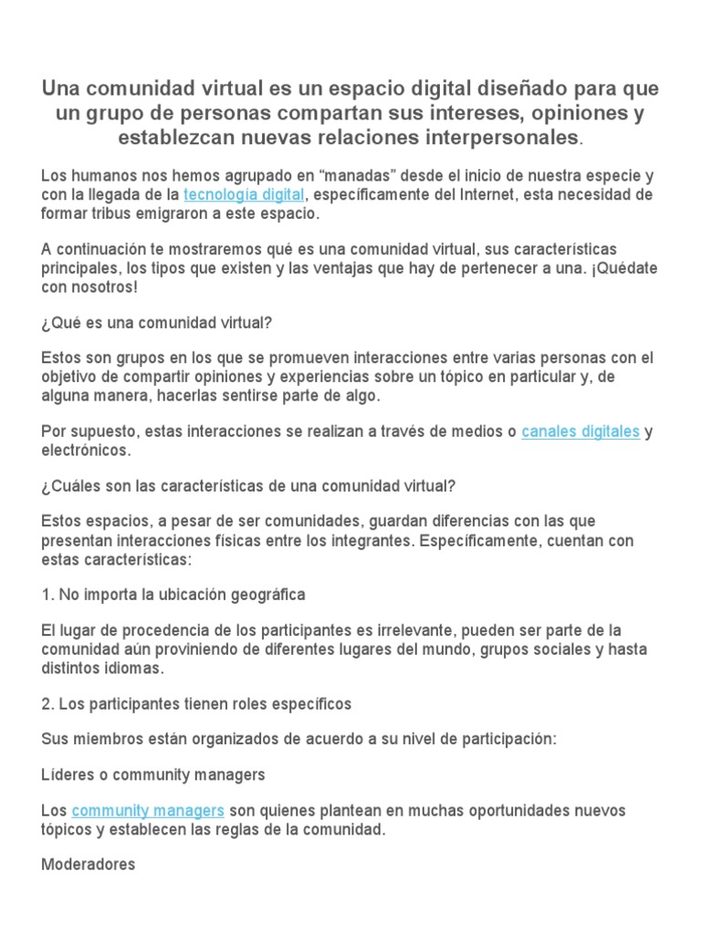 Una Comunidad Virtual Es Un Espacio Digital Diseñado para Que Un Grupo ...