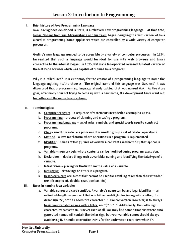 ComProg1 Lesson 2 - Introduction To Programming | PDF | Java ...