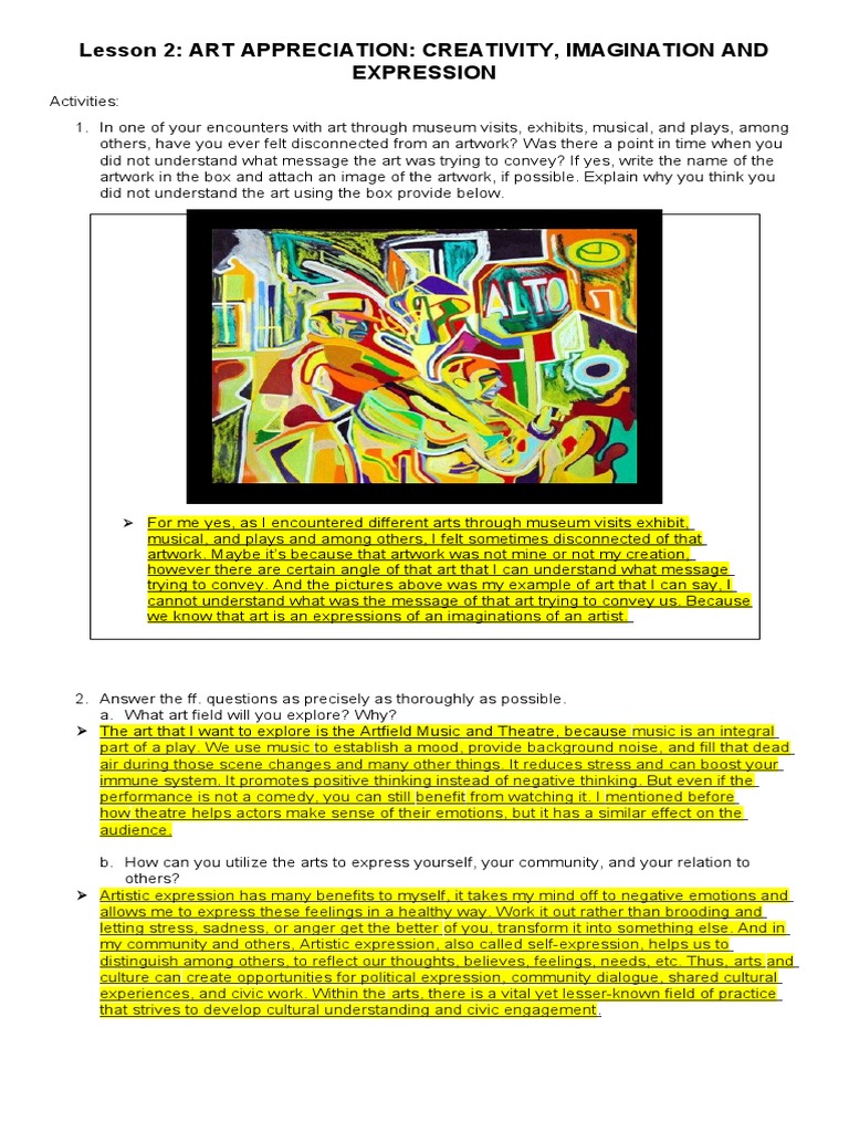 Lesson 2: Art Appreciation: Creativity, Imagination and Expression | PDF | Paintings | Theatre