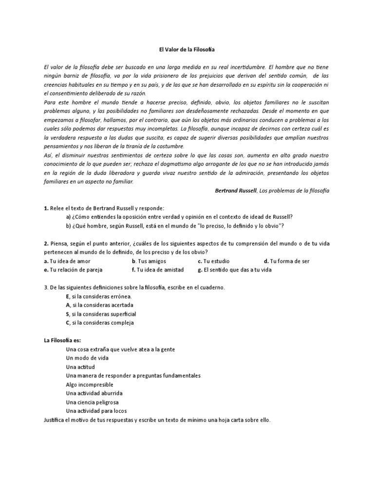 El Valor de La Filosofía | PDF | Bertrand Russell | Certeza