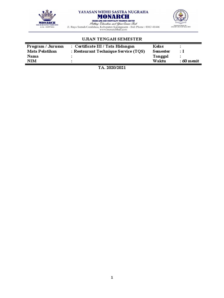 SOAL UTS TQS CERTIFICATE III WAITING 2020-2021-Ok | PDF | Restaurants | Tableware
