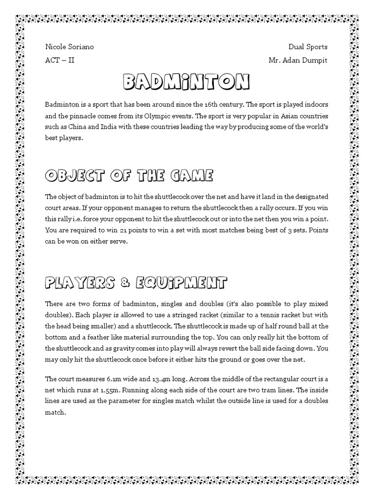 Badminton: Object of The Game | PDF | Recreation | Leisure