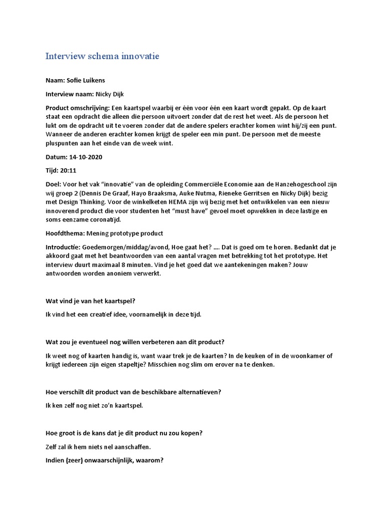 Interview Schema Het Kaartspel Sofie | PDF