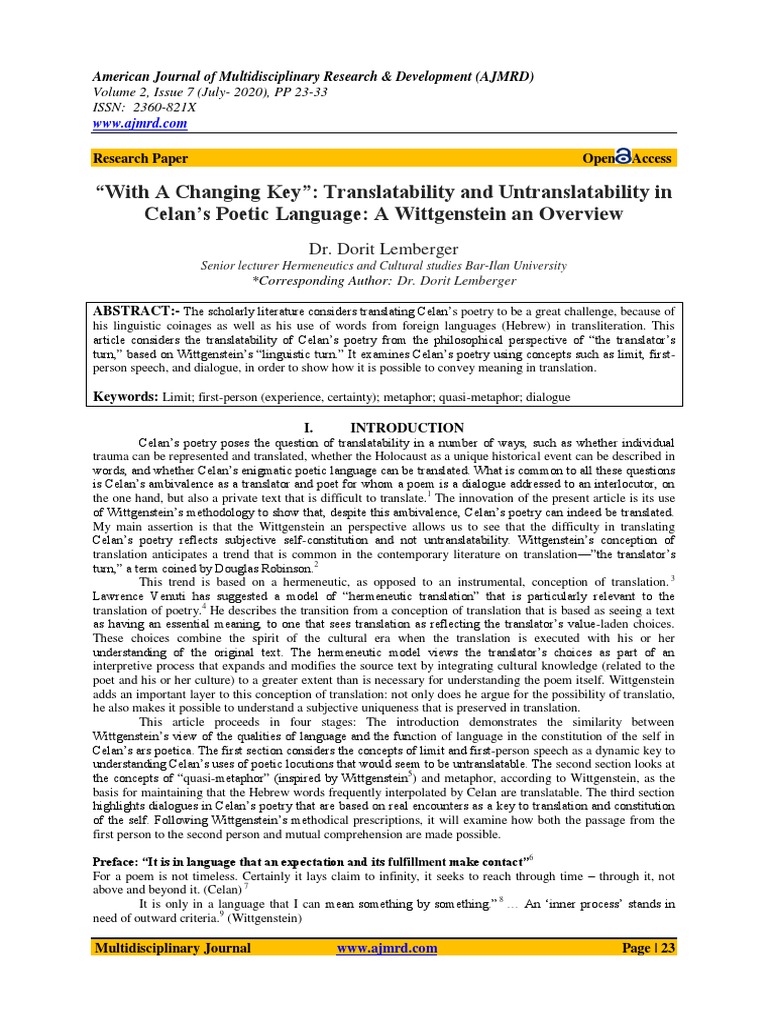 "With A Changing Key": Translatability and Untranslatability in Celan's ...