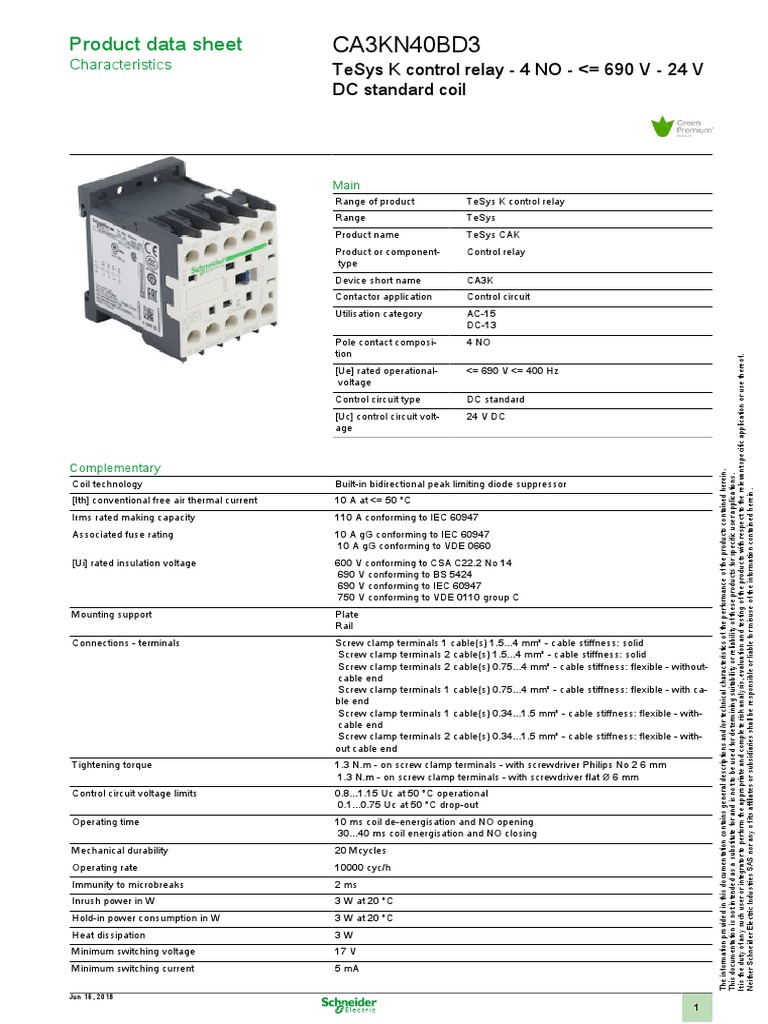 CA3KN40BD3: Product Data Sheet | PDF | Relay | Force