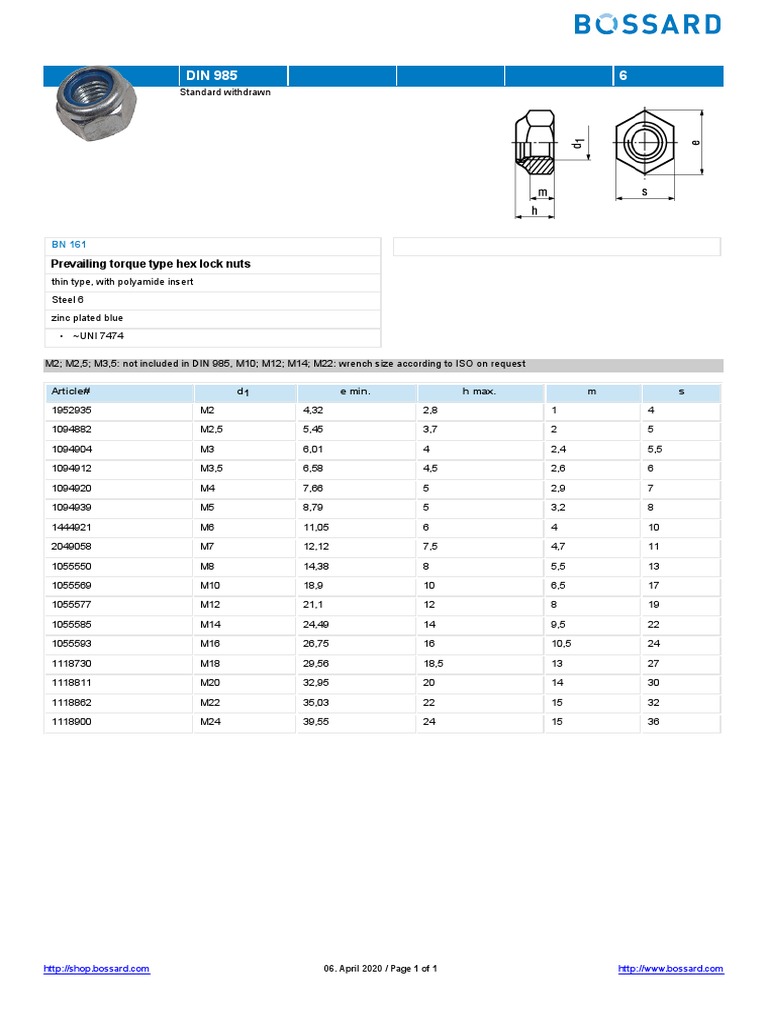 Prevailing Torque Type Hex Lock Nuts: Article# d1 e Min. H Max. M S | PDF