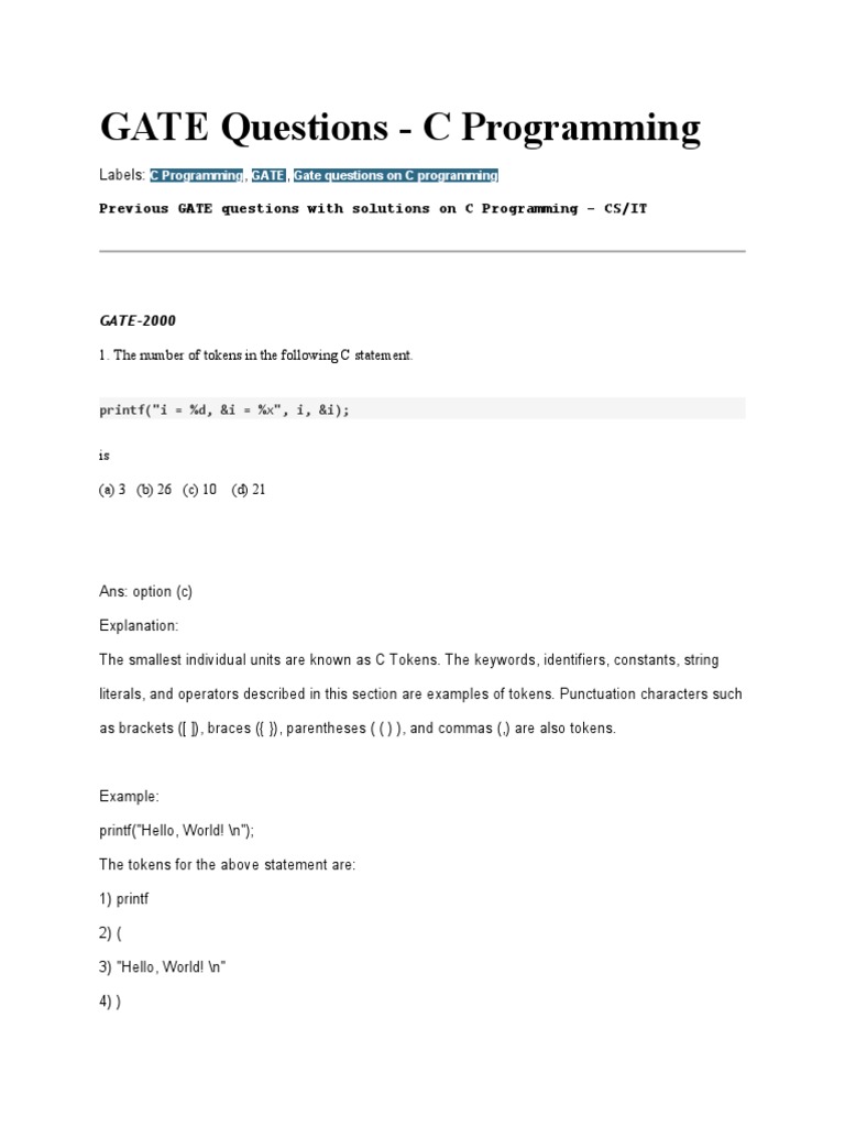 Previous Gate Questions With Solutions On C Programming Csit Pdf Parameter Computer