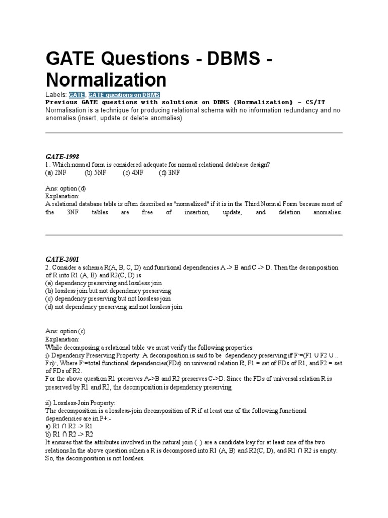 Previous GATE Questions With Solutions On DBMS (Normalization) - CS/IT ...