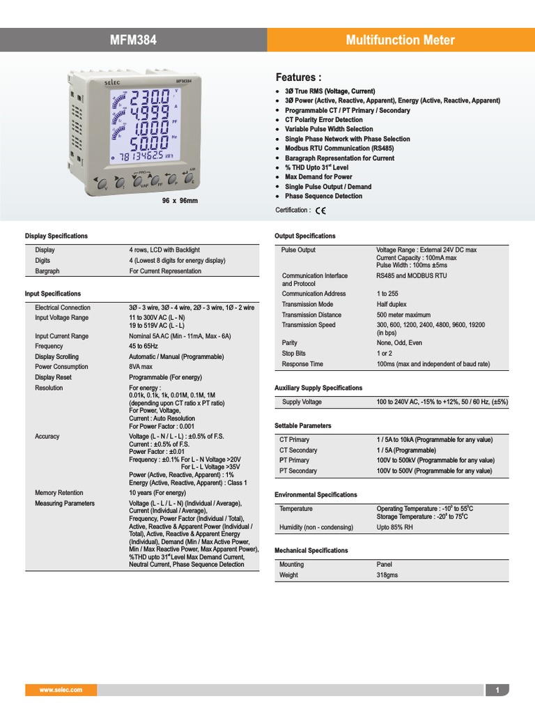 Multifunction Meter MFM384: Features | PDF | Ac Power | Bit Rate