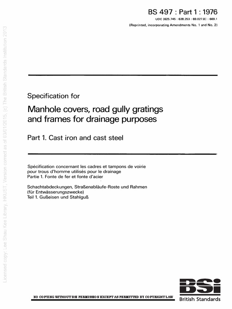 (BS 497-1 - 1976) - Specification For Manhole Covers, Road Gully ...