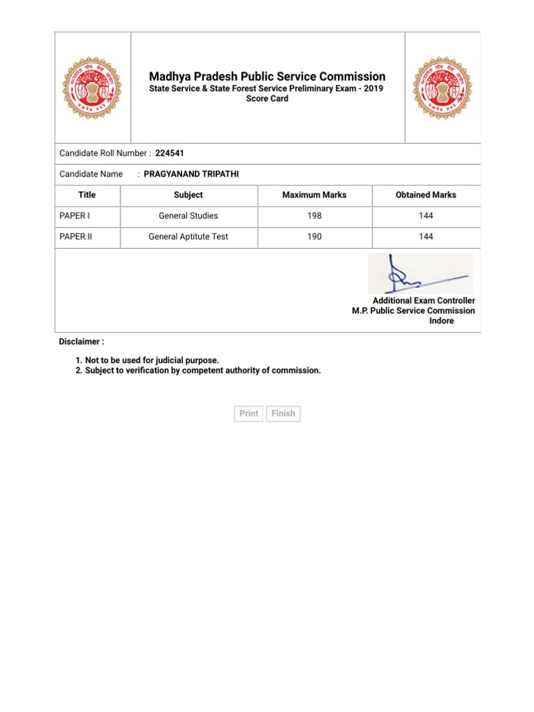 MPPSC 2019 Score Card PDF | PDF