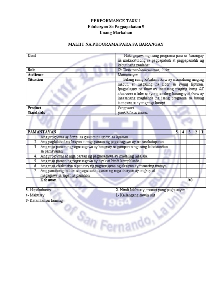 ESP9 GRASPS at Rubrik Programa para Sa Barangay | PDF