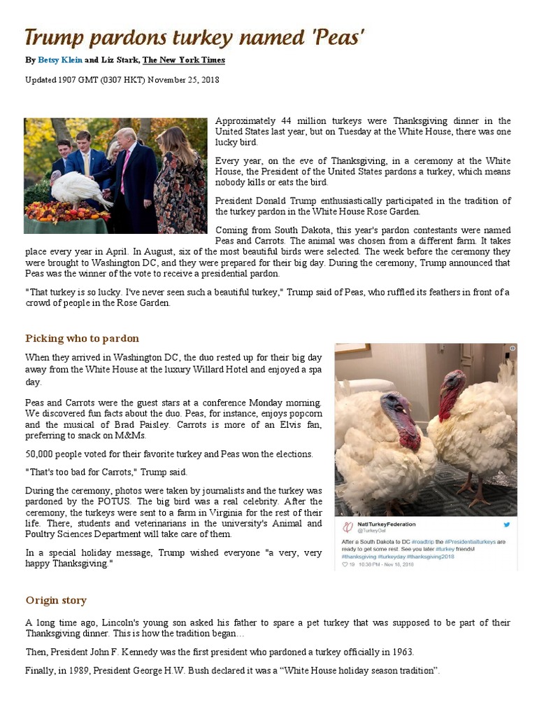 Trump Pardons Turkey Peas at White House Ceremony"TITLE"History and ...