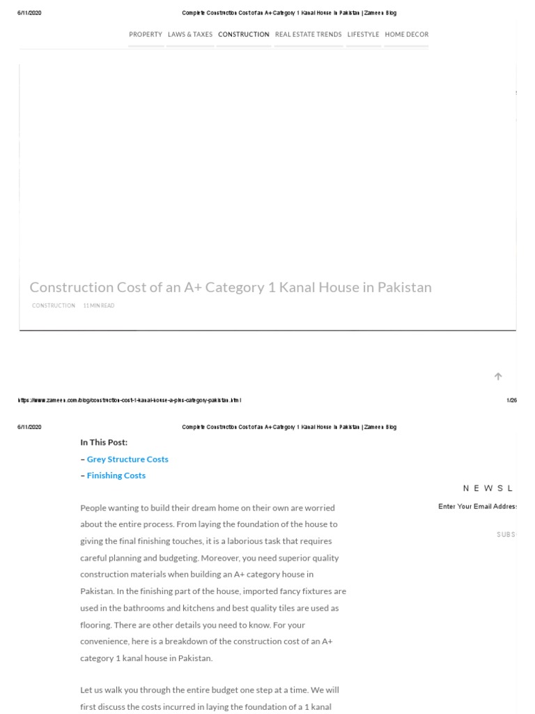 Complete Construction Cost of An A+ Category 1 Kanal House in Pakistan ...