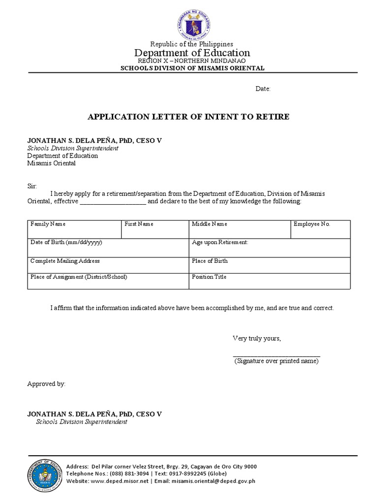 Application Letter of Intent To Retire Word Format | PDF