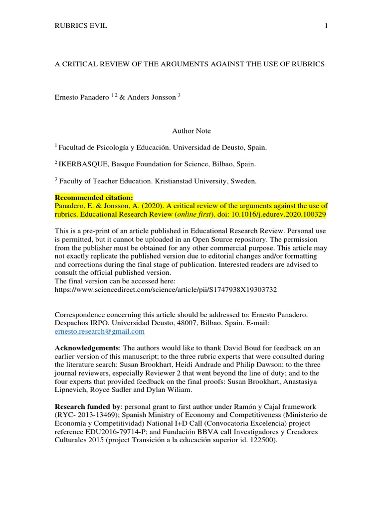 2020 Panadero & - Jonsson A Critical Review of The Arguments Against ... 2020 Panadero & - Jonsson A Critical Review of The Arguments Against ...