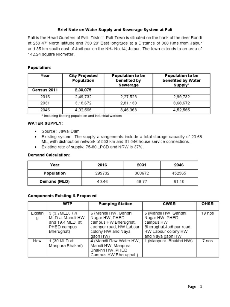 Brief Note On Water & Sewerage System at Pali | PDF | Sewage | Sanitary ...