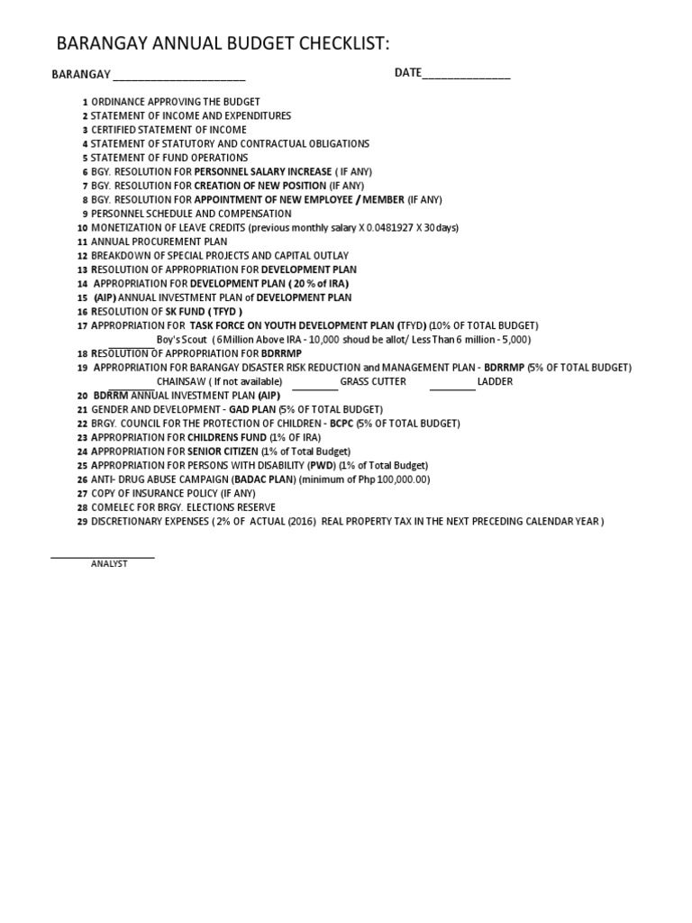 Barangay Annual Budget Checklist | PDF | Government Finances | Economies