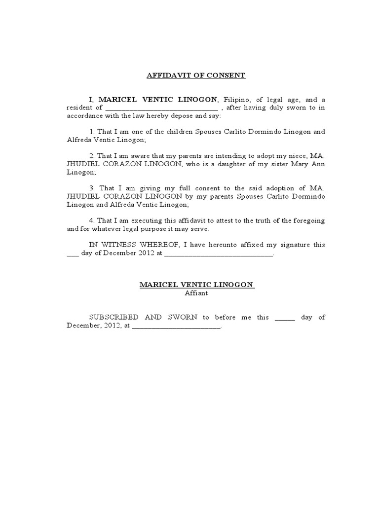 affidavit of consent maricel linogon
