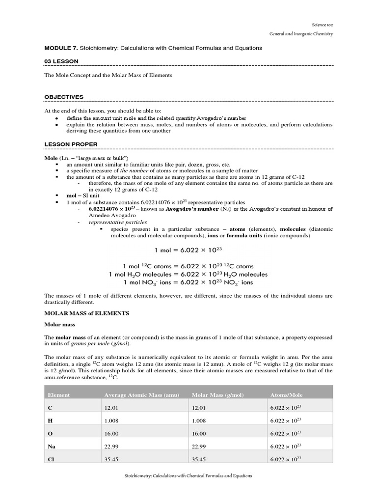 Lesson 3. The Mole Concept and The Molar Mass of Elements | PDF | Mole ...