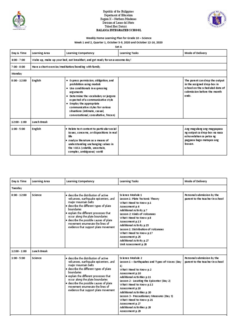 Grade 10 Week 1 Weekly Home Learning Plan | PDF