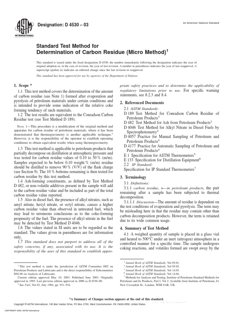 ASTM 4530 2003 Residuo Carbonoso PDF | PDF | Distillation | Petroleum
