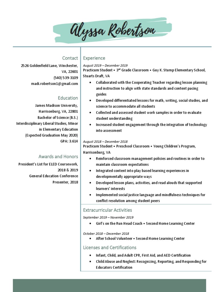 Alyssa Robertson Resume | PDF | Teachers | Teaching
