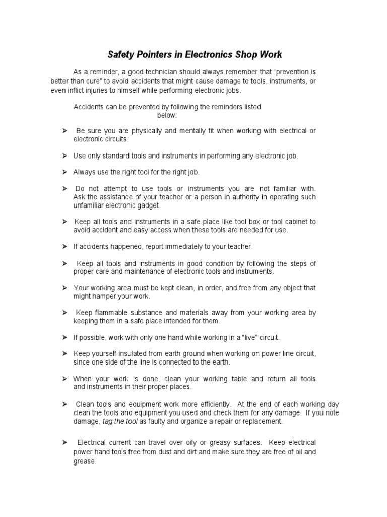 3 Safety Pointers in Electronics Shop Work | PDF