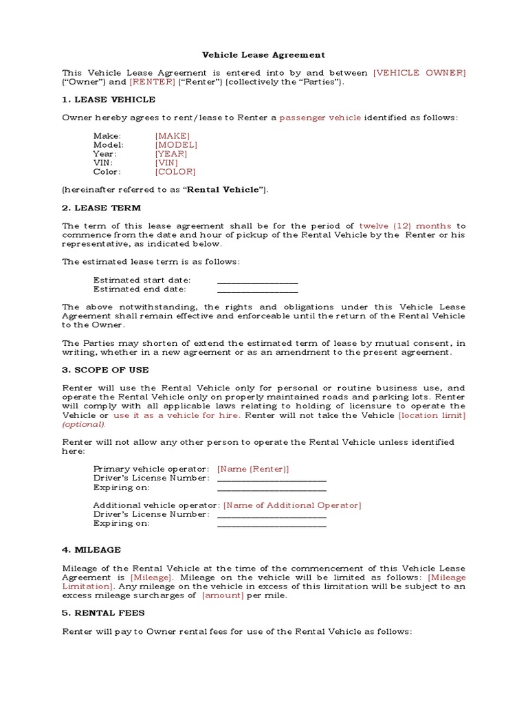 Vehicle Lease Agreement | PDF | Renting | Lease