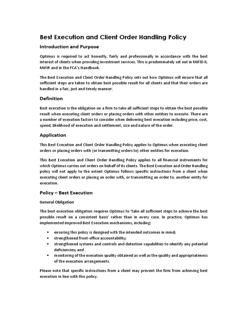 Best Execution And Client Order Handling Policy Pdf Derivative Finance Swap Finance