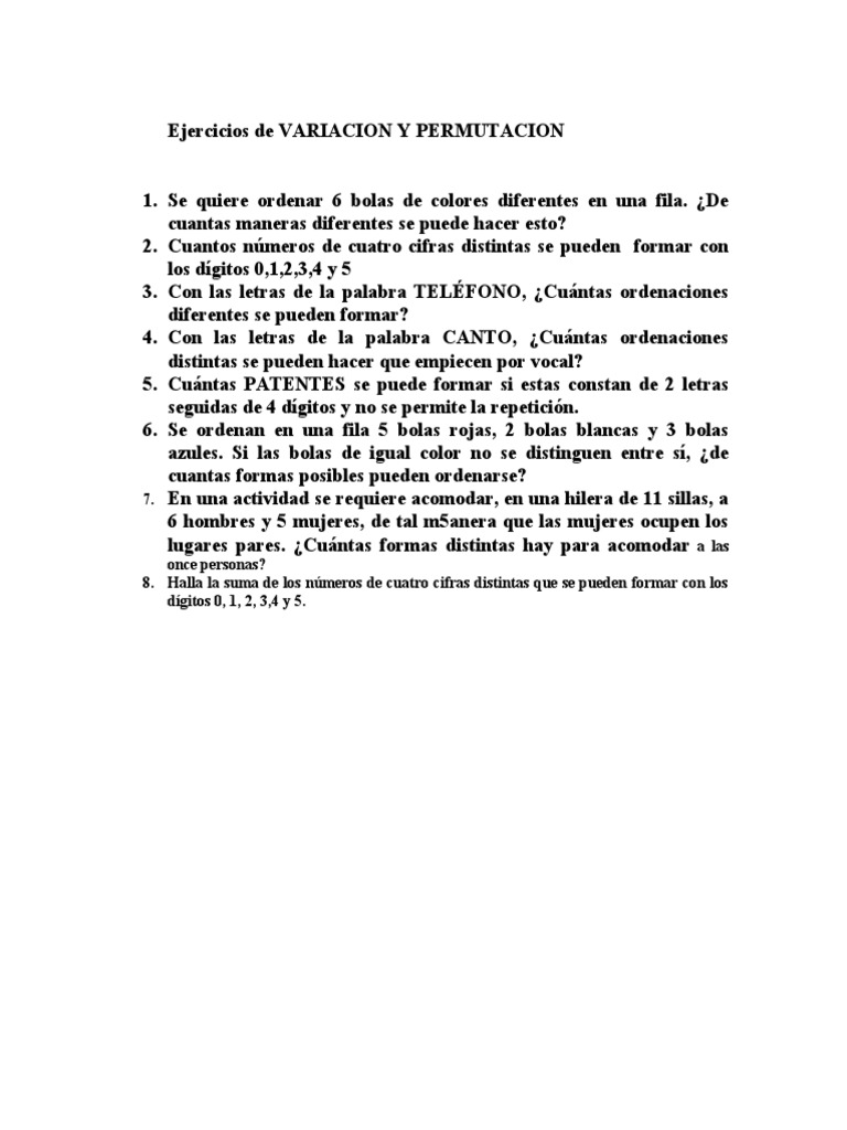 Ejercicios de VARIACION Y PERMUTACION-DECIMO | PDF