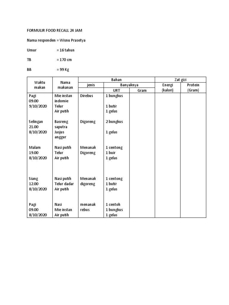 Formulir Food Recall 24 Jam | PDF