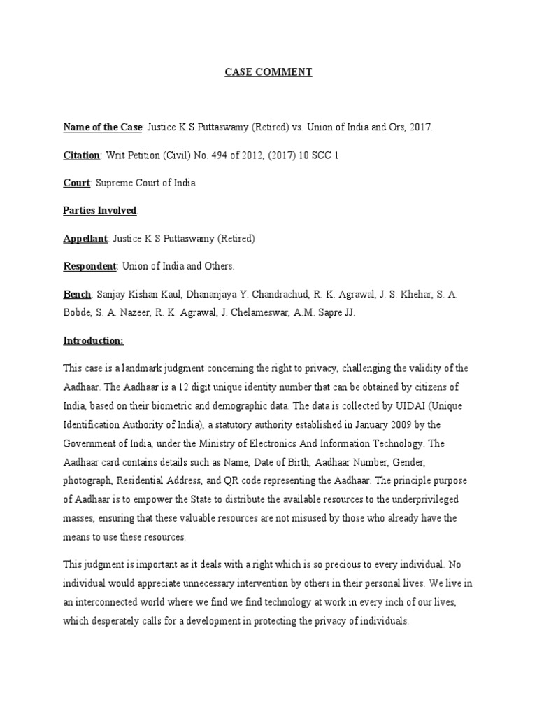 CASE COMMENT (Puttaswamy V Uoi) | PDF | Right To Privacy | Privacy