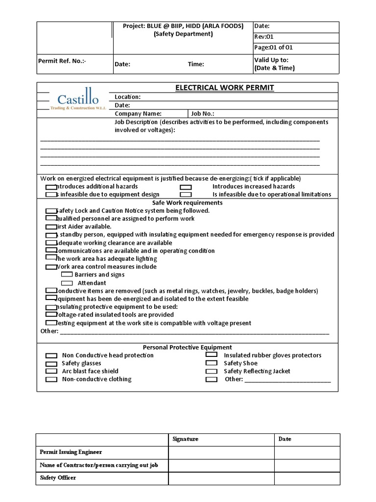 Electrical Work Permit: Signature Date Permit Issuing Engineer Name of Contractor/person ...
