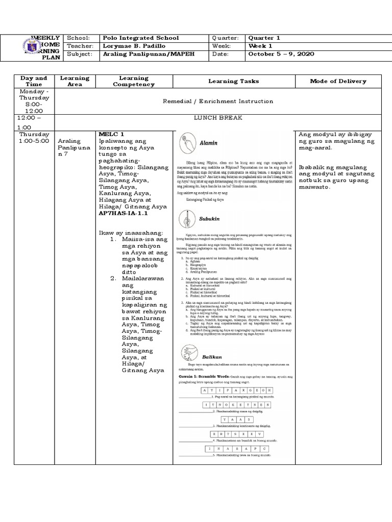 Weekly Home Learning Plan | PDF | Educational Psychology | Education Theory