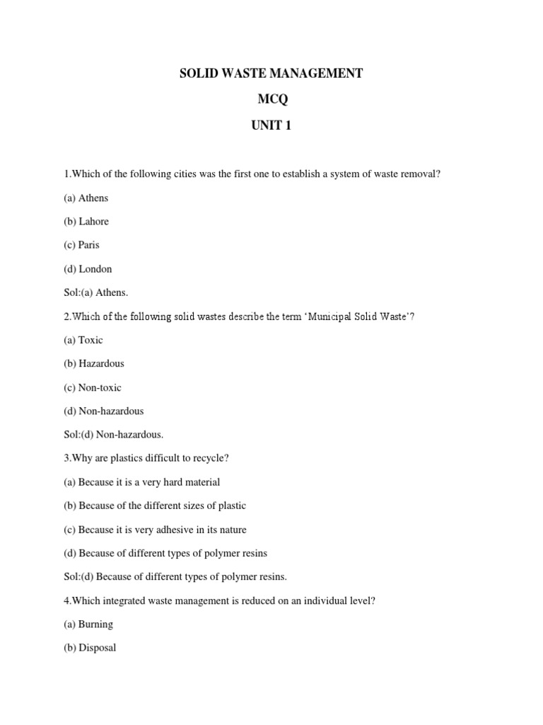 Question Bank 2 - Unit Wise MCQ SWM | PDF | Landfill | Hazardous Waste